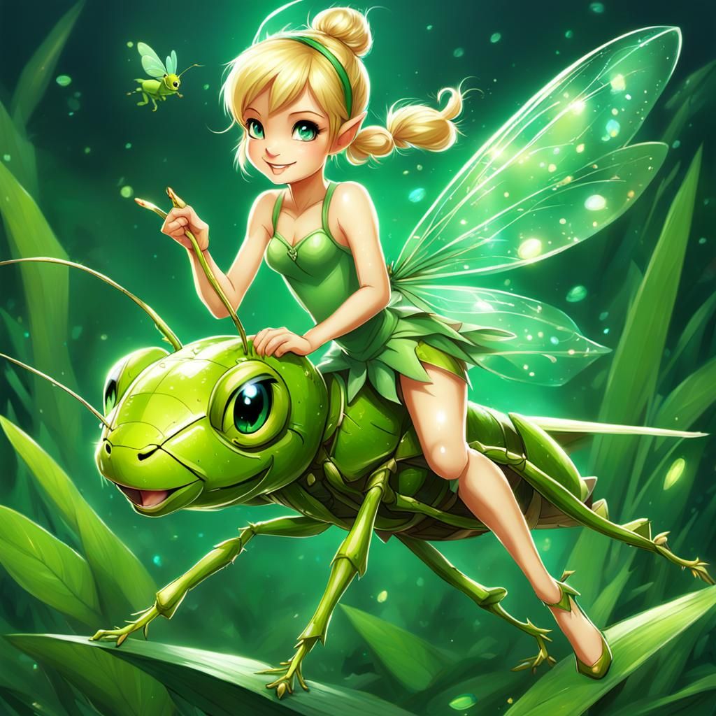 Tinkerbell riding a big Grasshopper ; by Sakimichan, Alterauniv, Krenz ...