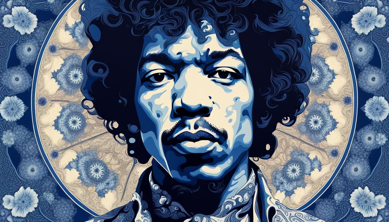 Jimi Hendrix Delft blue. In Delft blue tones, fractal patterns, pixel ...