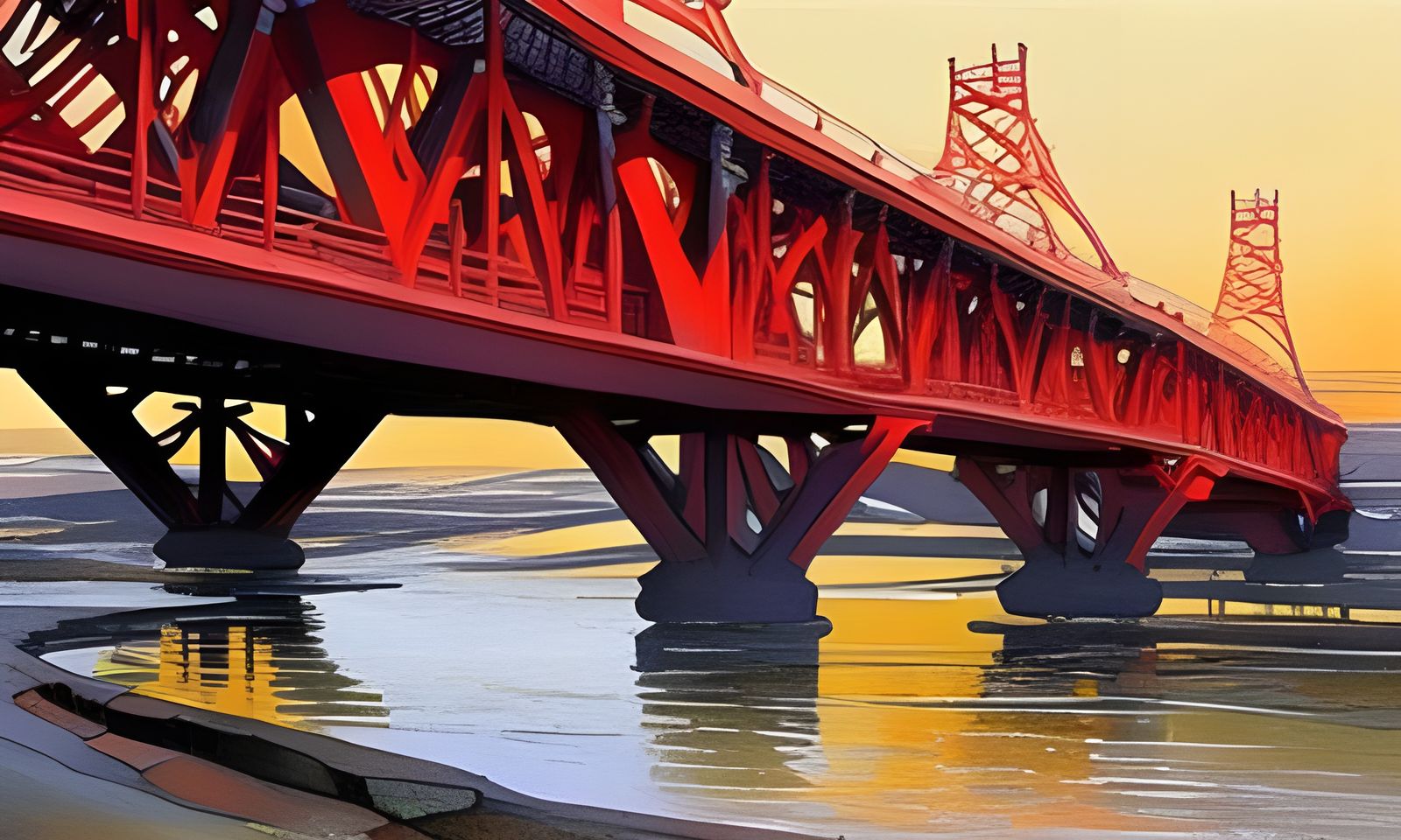 Red double deck bridge in morning light - AI Generated Artwork ...