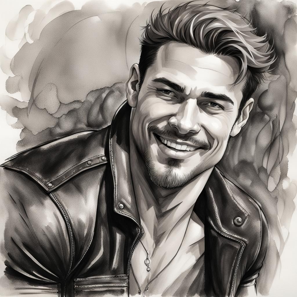 portrait, centered composition black and white fineliner pen and ink ...