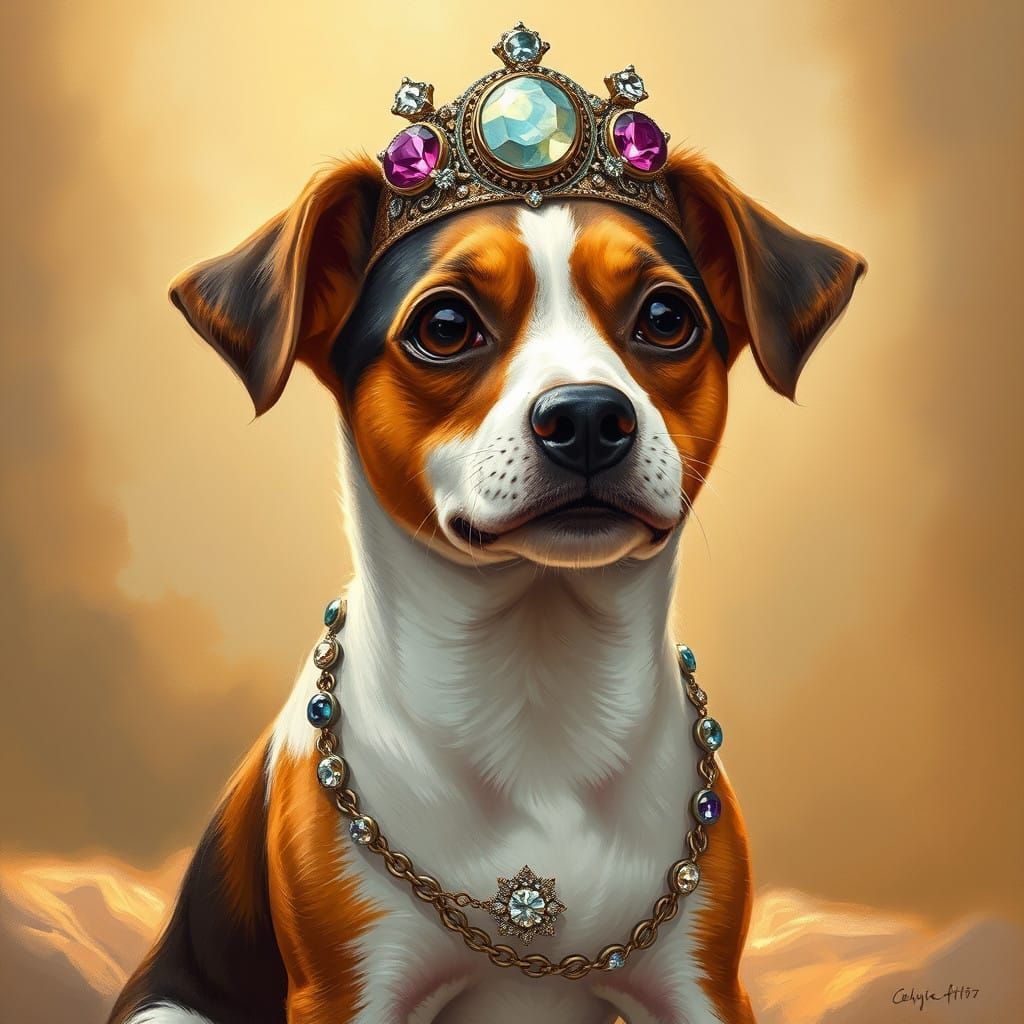 A jack russell terrier wearing an amorous enchanted headpiece