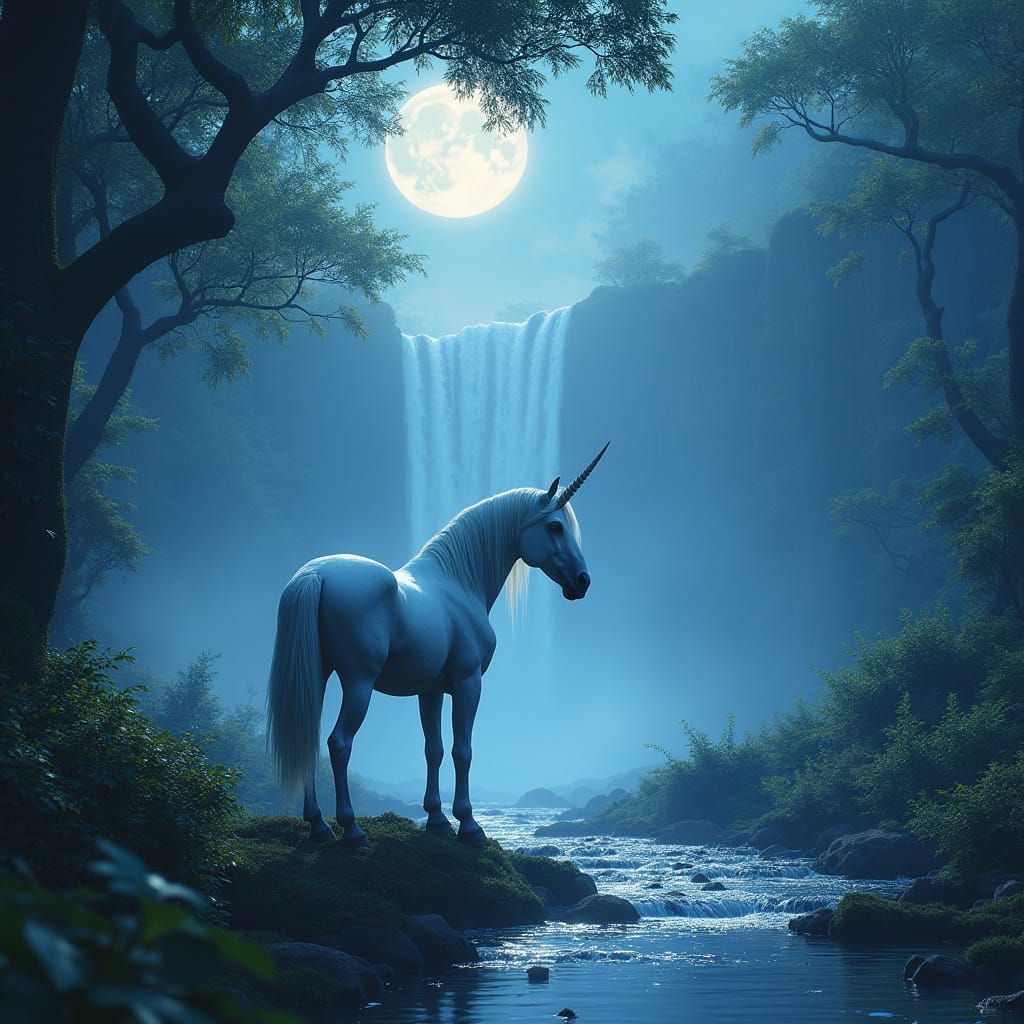 Majestic White Unicorn in Ethereal Forest Glade - AI Art