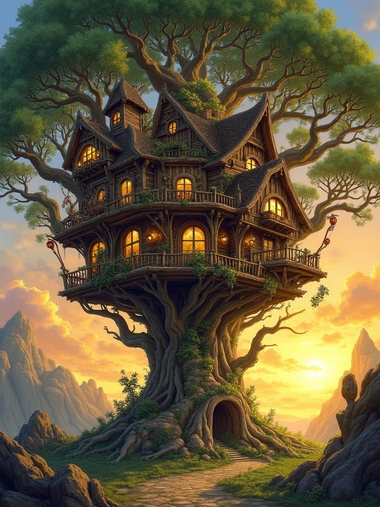 Majestic Fantasy Treehouse in Dreamlike World - AI Art