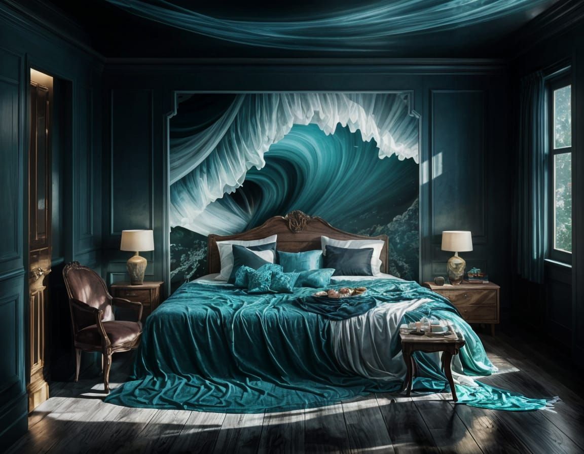 translucent blue-green bedroom - AI Generated Artwork - NightCafe Creator