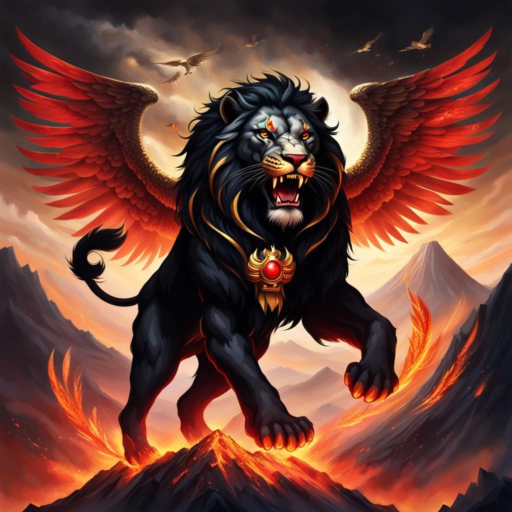 Fierce Black Lion with red and gold wings soaring over a volcano ...