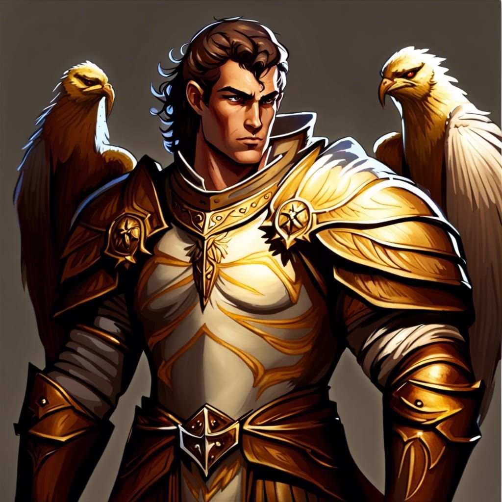 male Aasimar Paladin, tall, large, handsome, strong, holy, pain in eyes ...