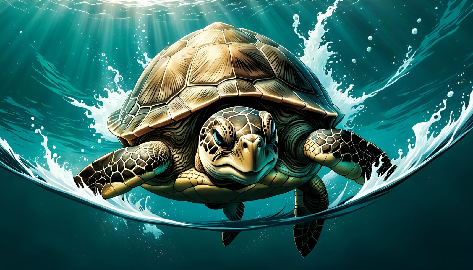 overhead view of Blind turtle in the ocean poking its head out of the ...