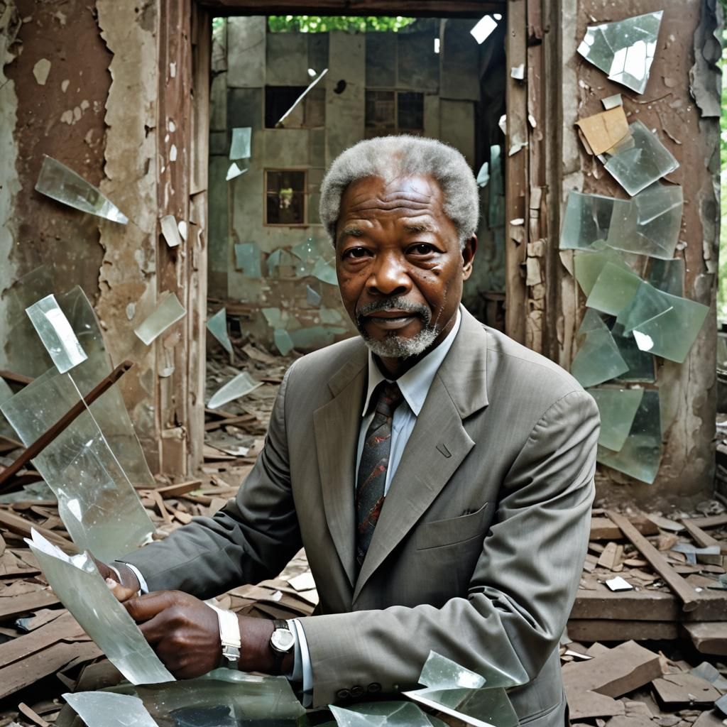 Portrait of Kofi Annan in abandoned museum surrounded by broken glass ...