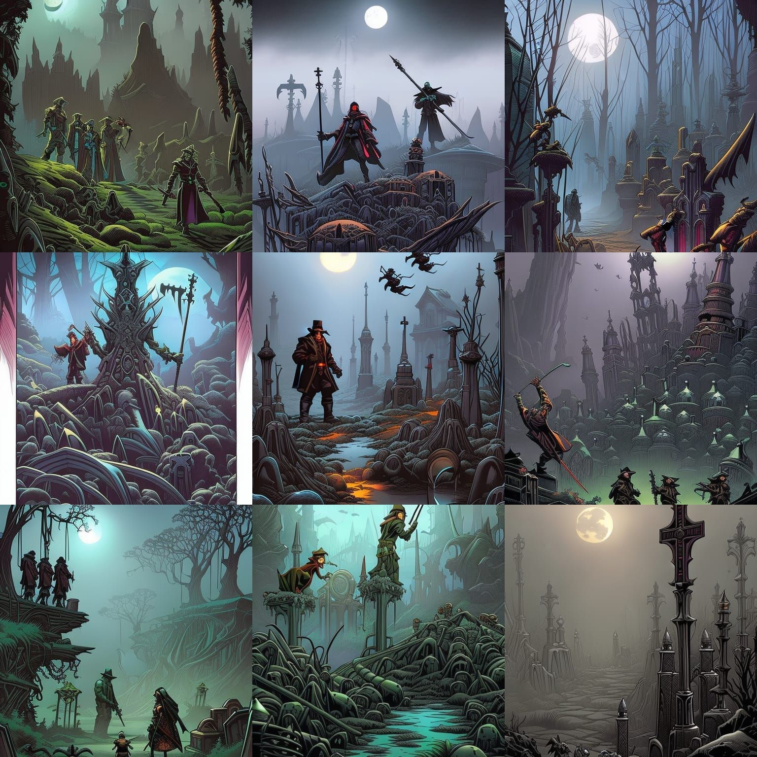 frog wizards exploring a spooky moonlit graveyard, lots of fog in air ...