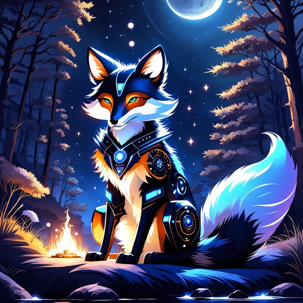 cyborg fox, black fur, blue mana runes, cybernetic, mechanical, robotic ...