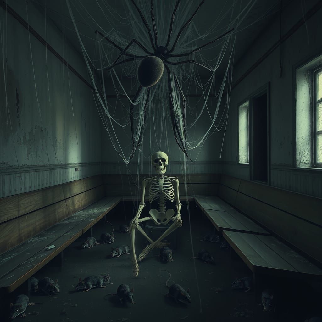 skeleton waiting room. cobwebs. spider. rats. photorealistic.