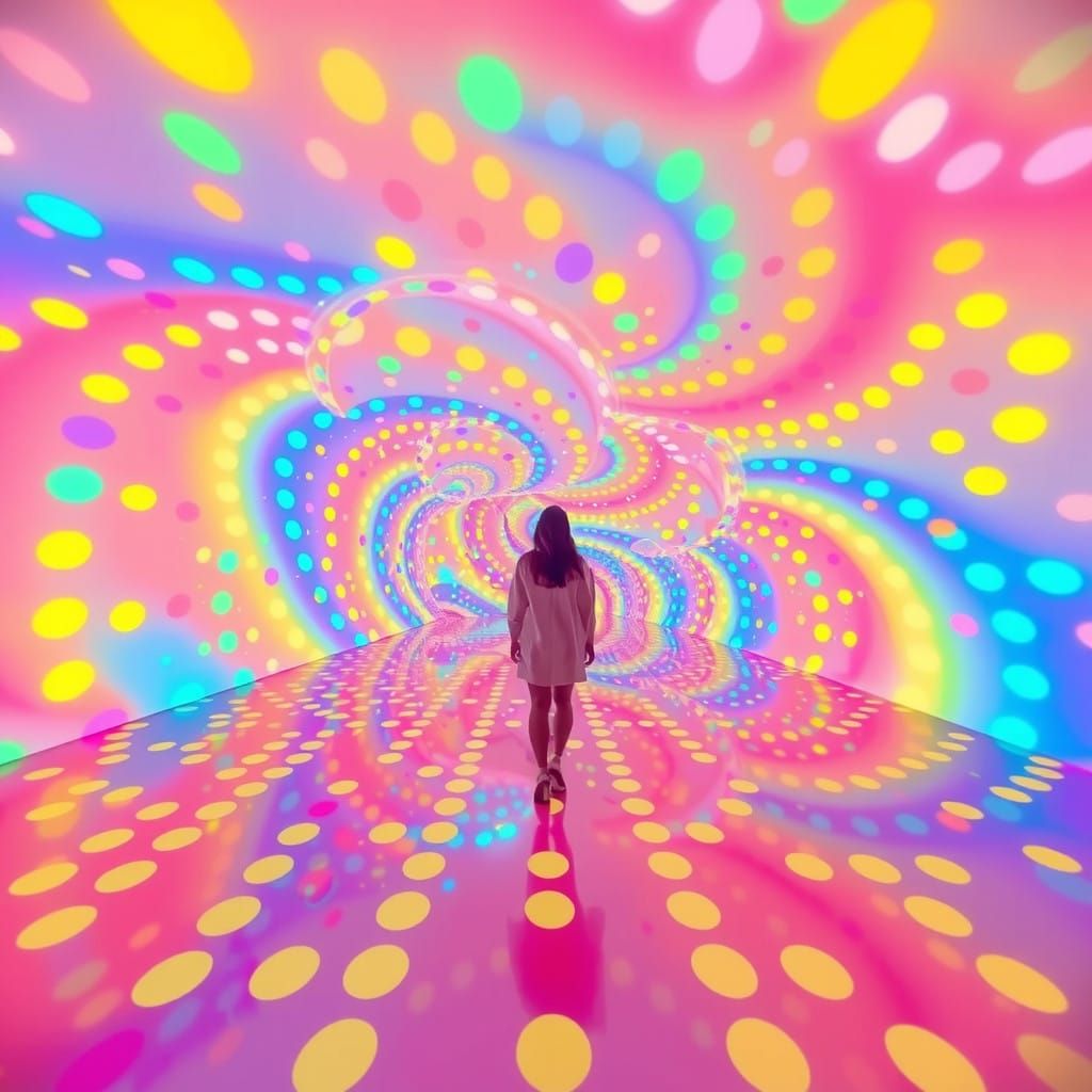 Yayoi Kusama's iconic polka dots and vibrant colors, swirling patterns and infinite mirror rooms ...