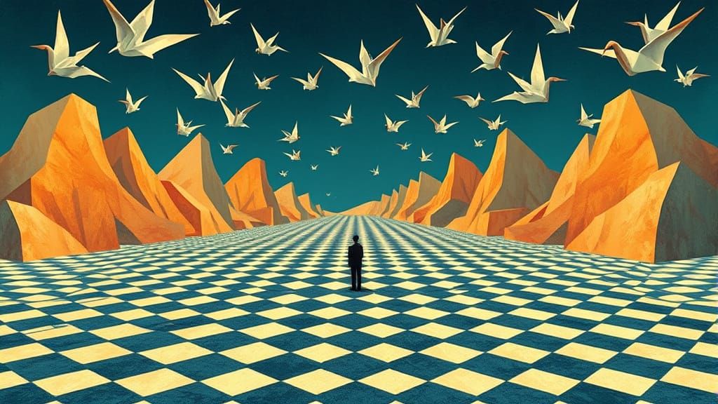 Surreal Checkerboard Labyrinth with Origami Cranes... - AI Art