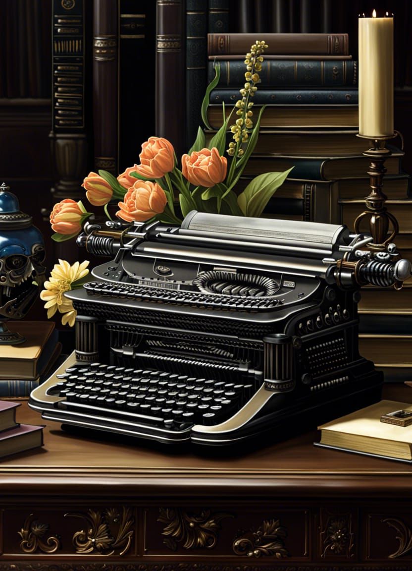 Victorian typewriter on a desk with flowers and books H.R. Giger Greg ...