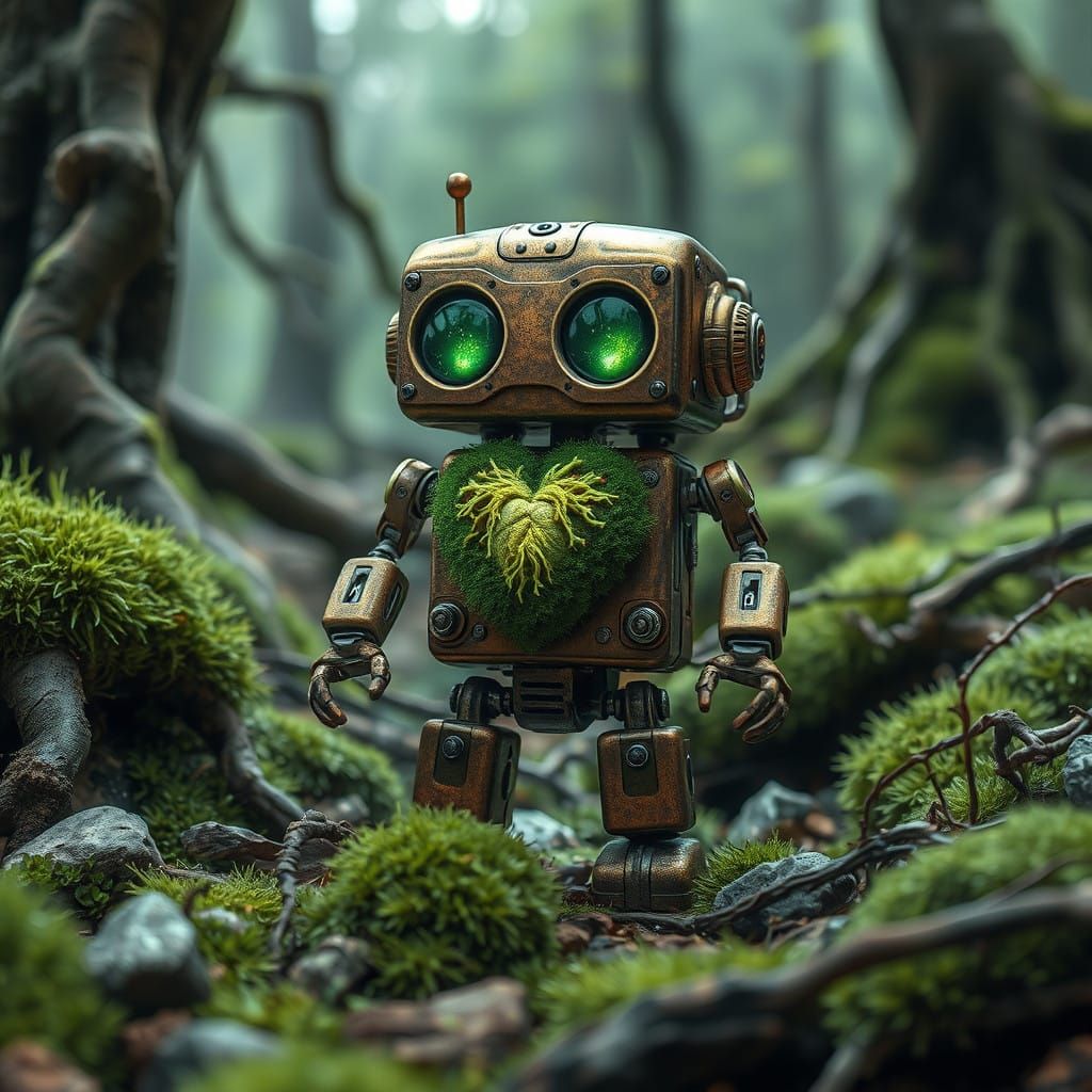 Mechanical Botanicals - Whimsical Robot in Emerald Moss Land...