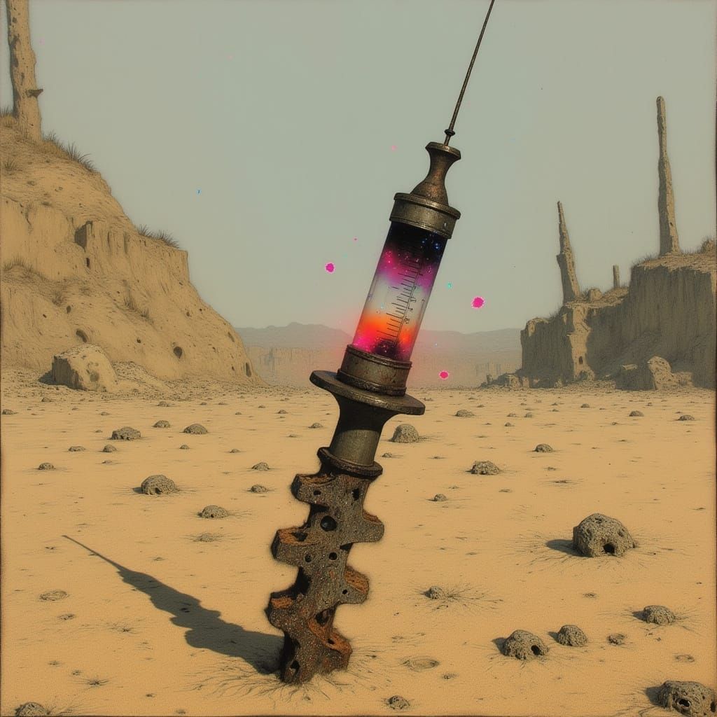 Post Apocalyptic Beach Scene with Metallic Syringe... - AI Art