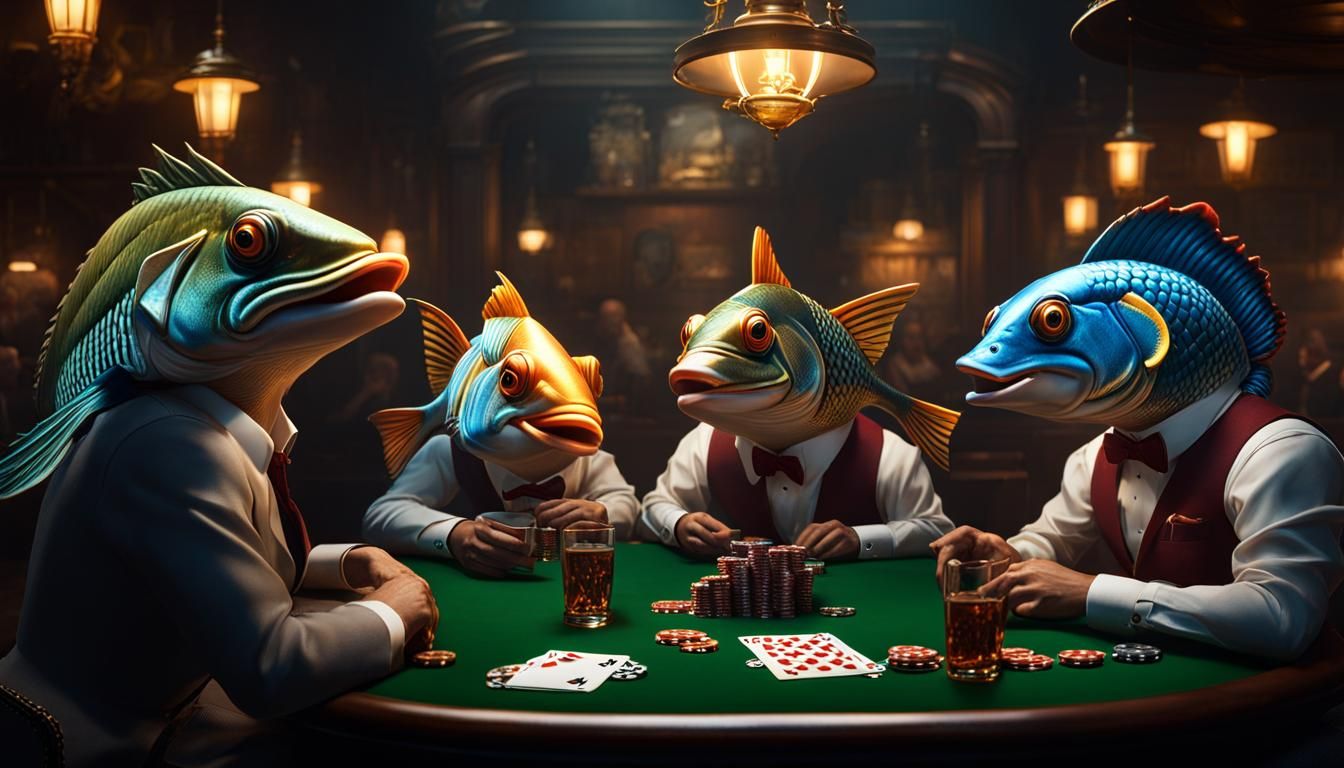 Different types of fish playing poker, smoking cigars, sitting in a bar ...