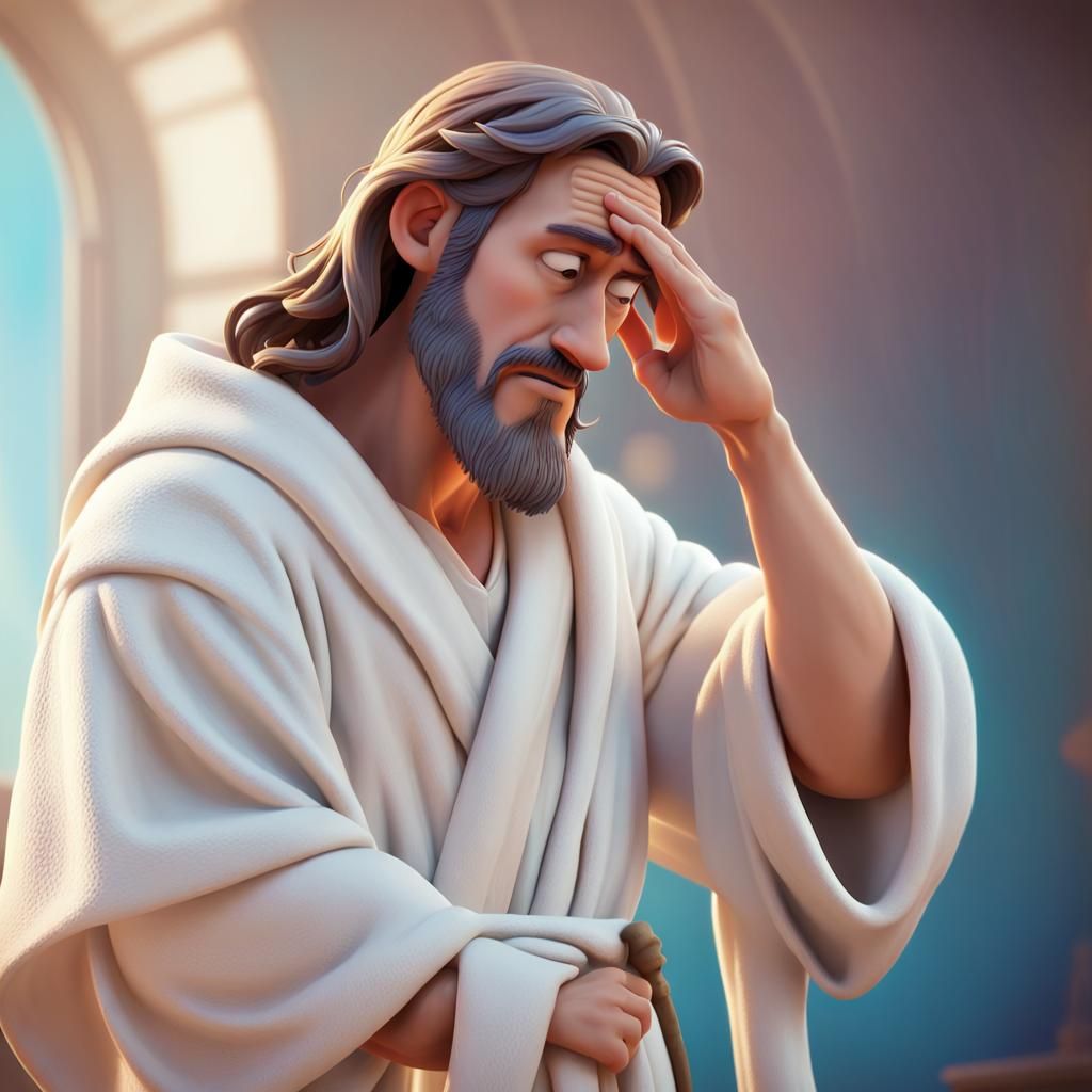 Jesus wearing a white robe holding his hand on his forehead and nose ...