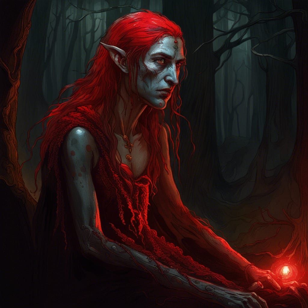 An elven character in horror, scars, red light, Graininess, sparkling ...
