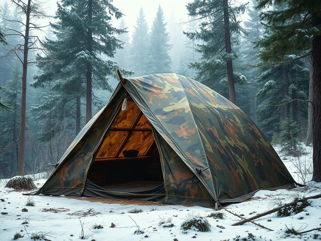 A camouflaged tent seamlessly blending with its natural surroundings ...