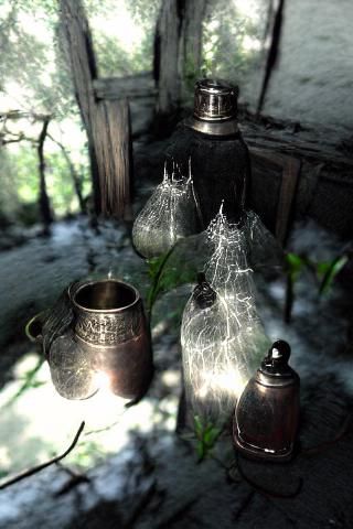 Small strange flasks filled with poison, covered in spiderwebs, in ...