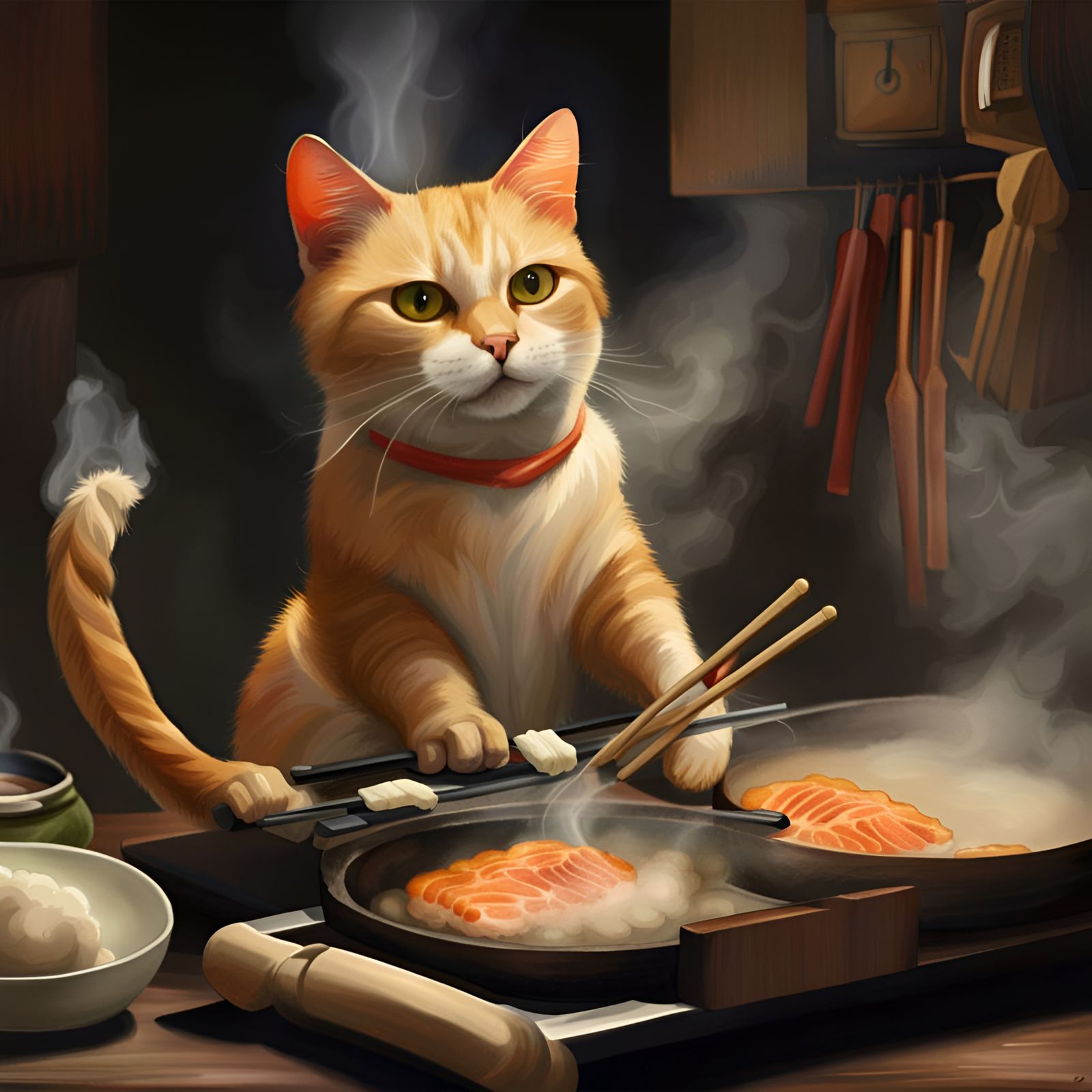 A cat cooking hibachi - AI Generated Artwork - NightCafe Creator