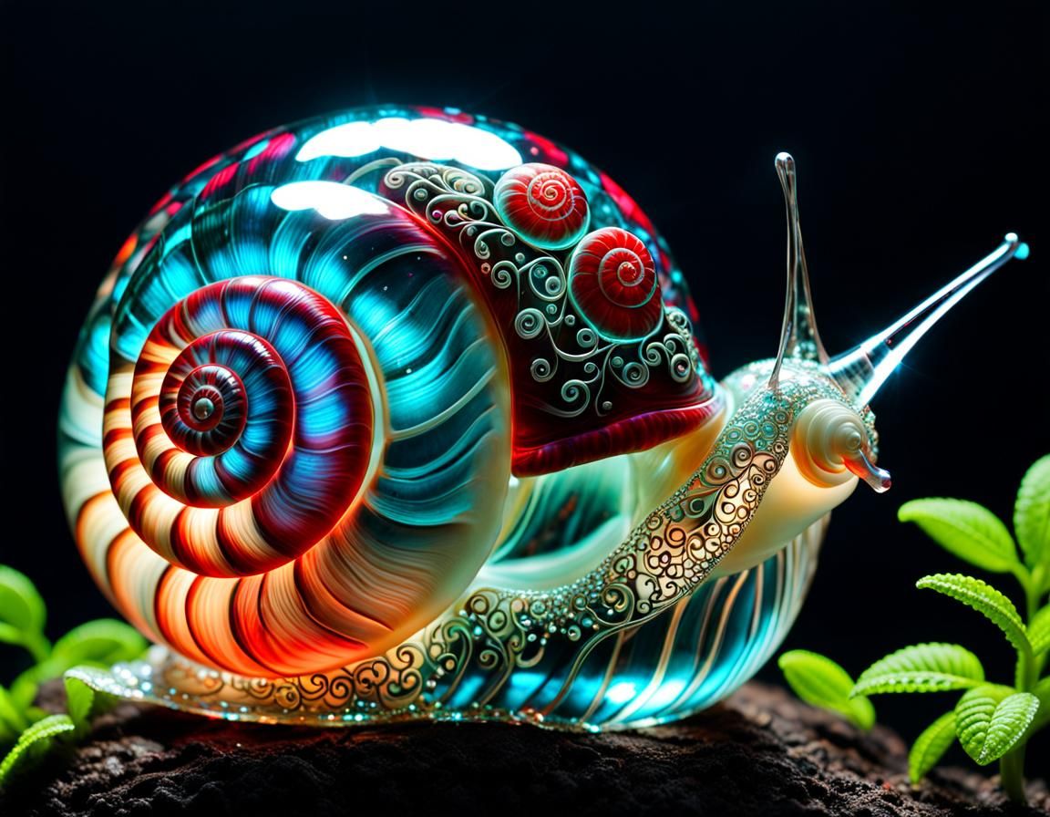 (transparent:1.5) glass snail shell filled with (bioluminescent:2.3 red ...