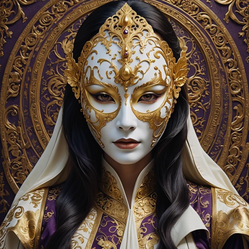 A beautiful young woman wearing a white porcelain mask. - AI Generated ...