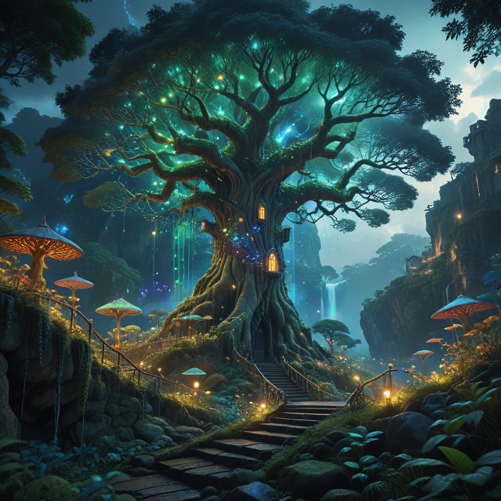 Ethereal Fantasy World Tree with Majestic Architec... - AI Art