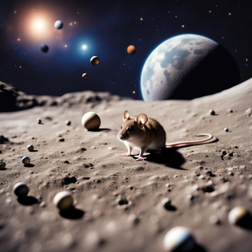 Photograph, Marco, mouse on the moon surface, many different planets ...