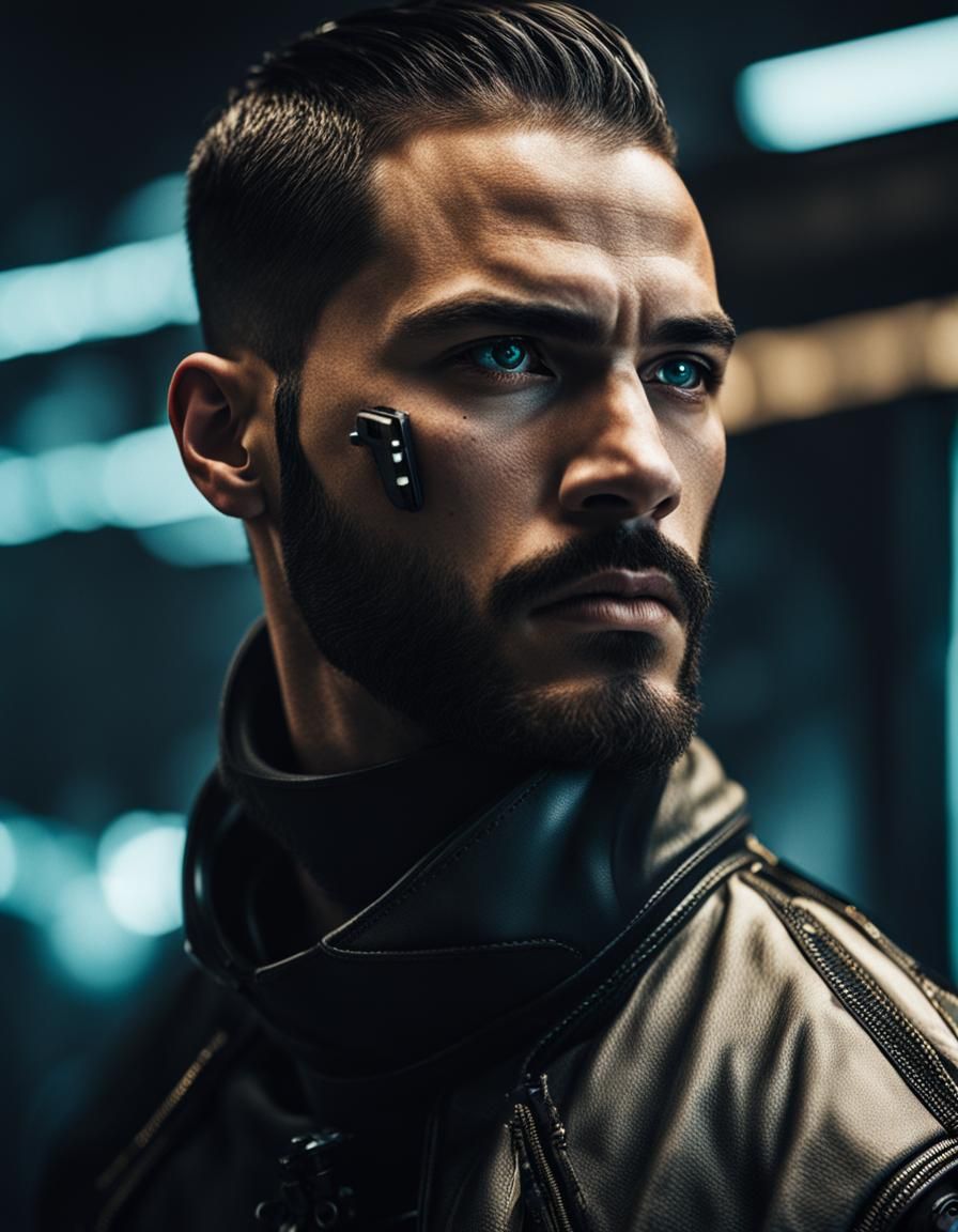 man with strong jaw stubble and scar over left eye futuristic dystopian ...