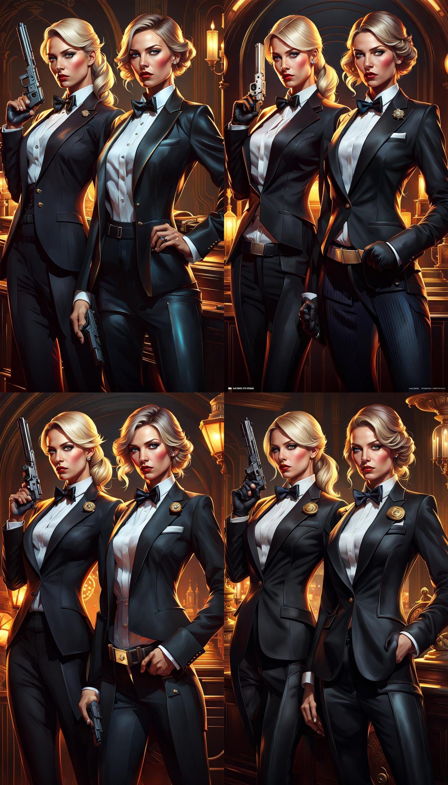 Blonde and brunette female secret agents holding silenced pistols ...