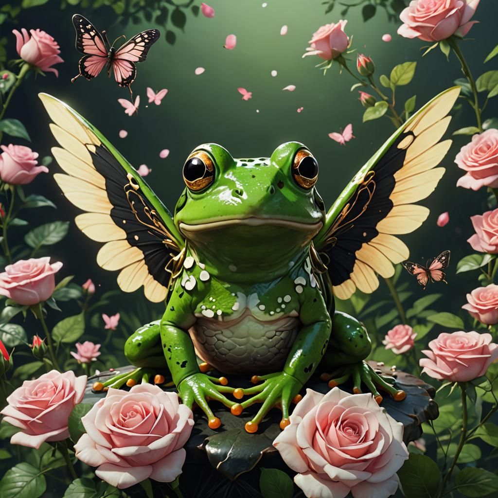 frog that has wings like a fairy, green, black in color, roses all around - AI Generated Artwork ...