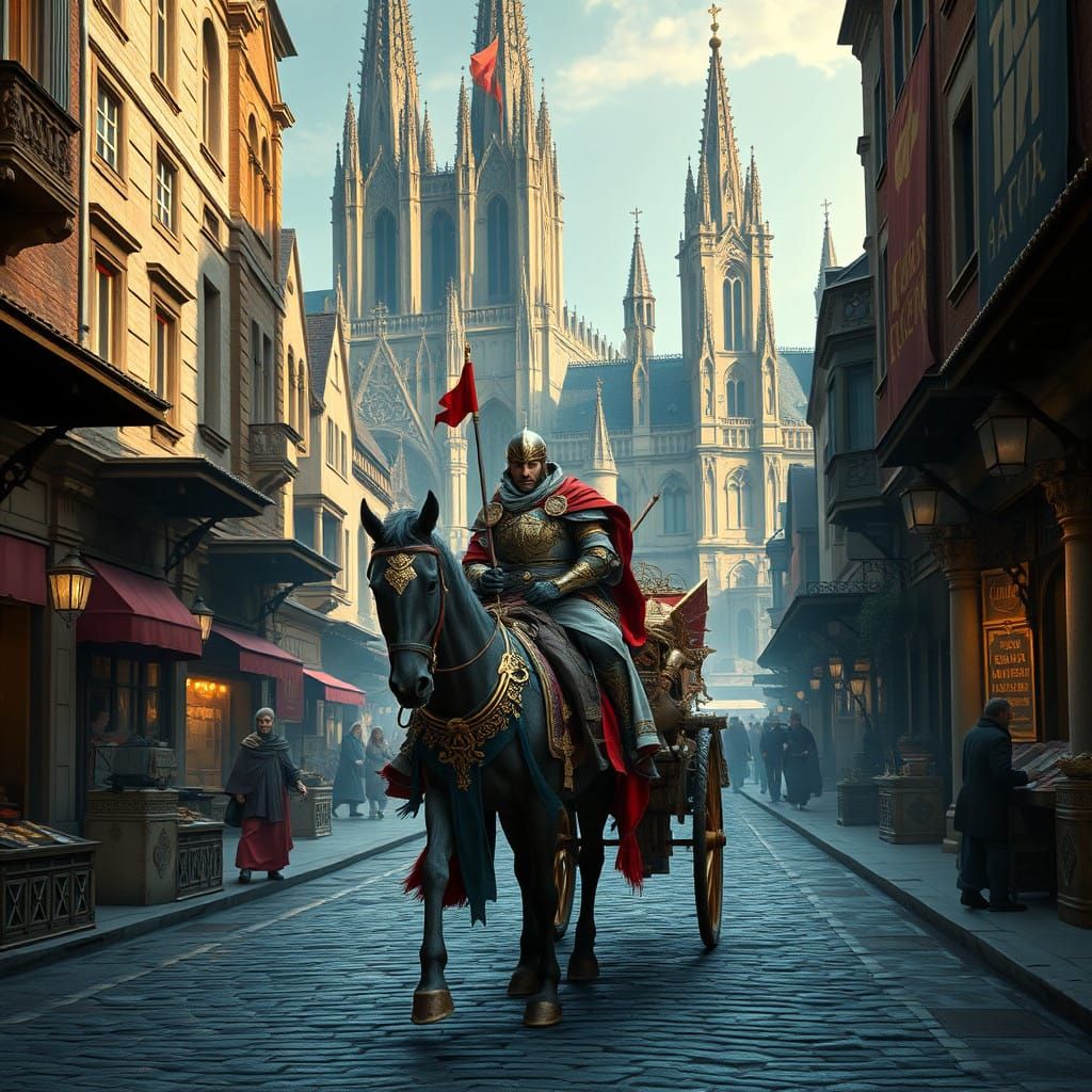 Medieval charioteer, cobblestone streets, street vendors, slow walk