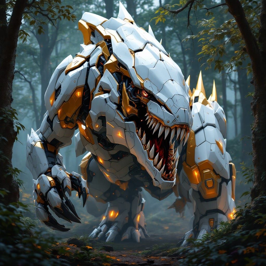 White and Gold Mecha T-Rex in Forest - AI Art