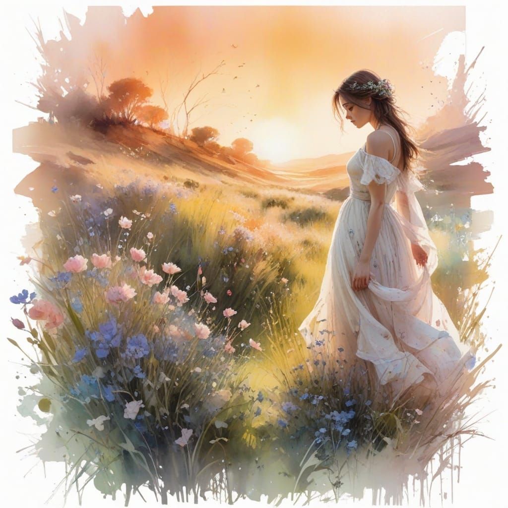 Fairy Princess Blessing Meadow at Dawn: Watercolor... - AI Art