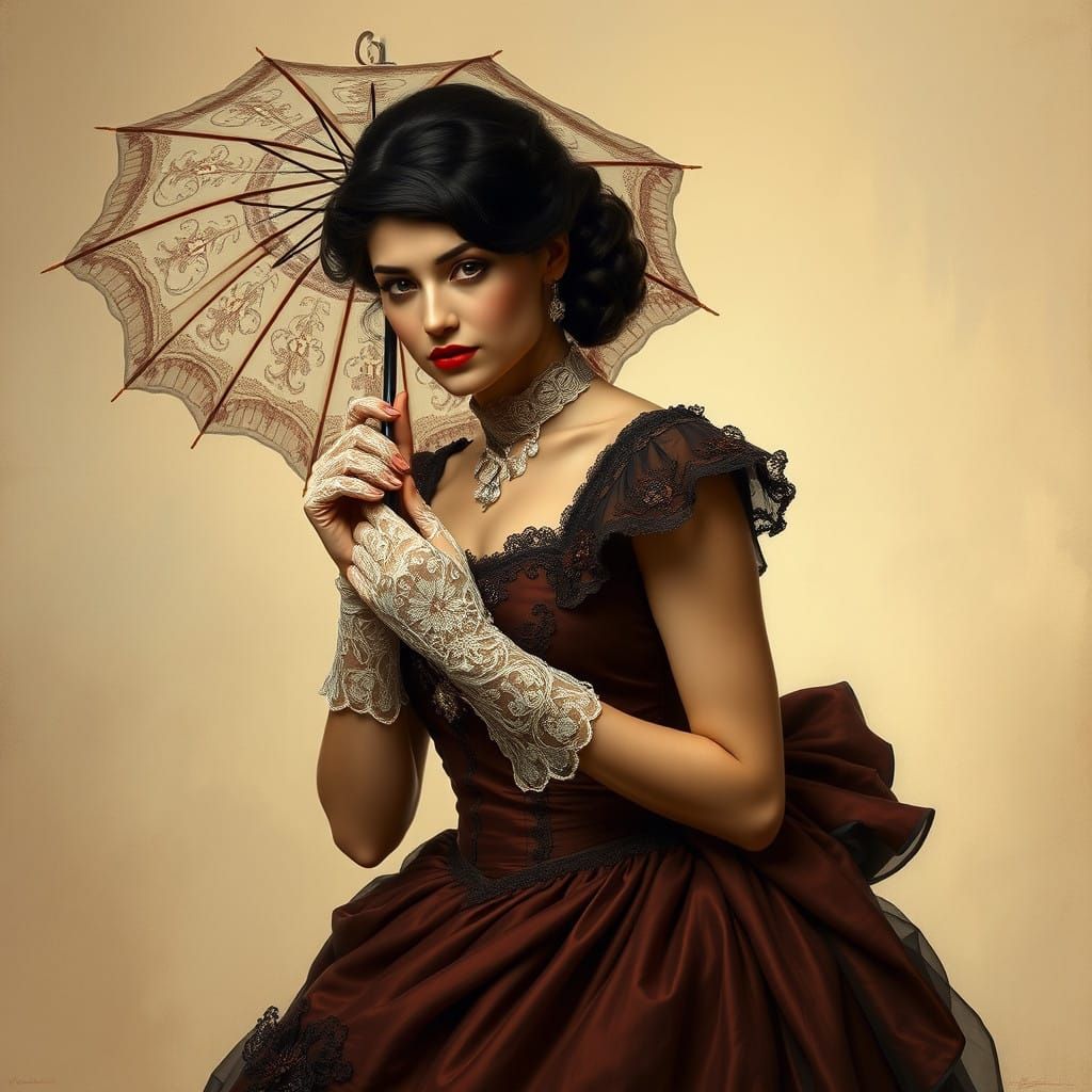 Beautiful woman dressed in decade 1880s fashion and wearing hairstyle 1880s Edward Hopper