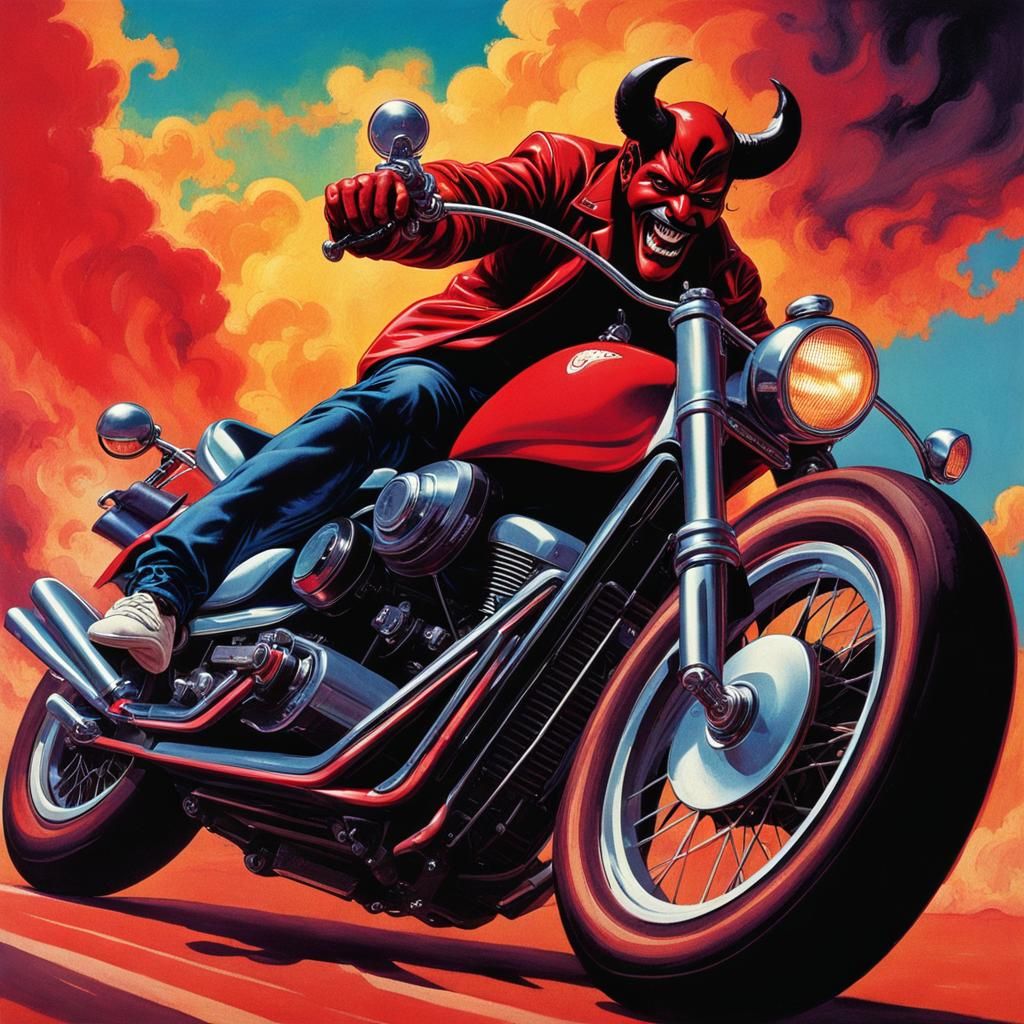 80s style action photo of the devil riding a motorcycle, very detailed ...