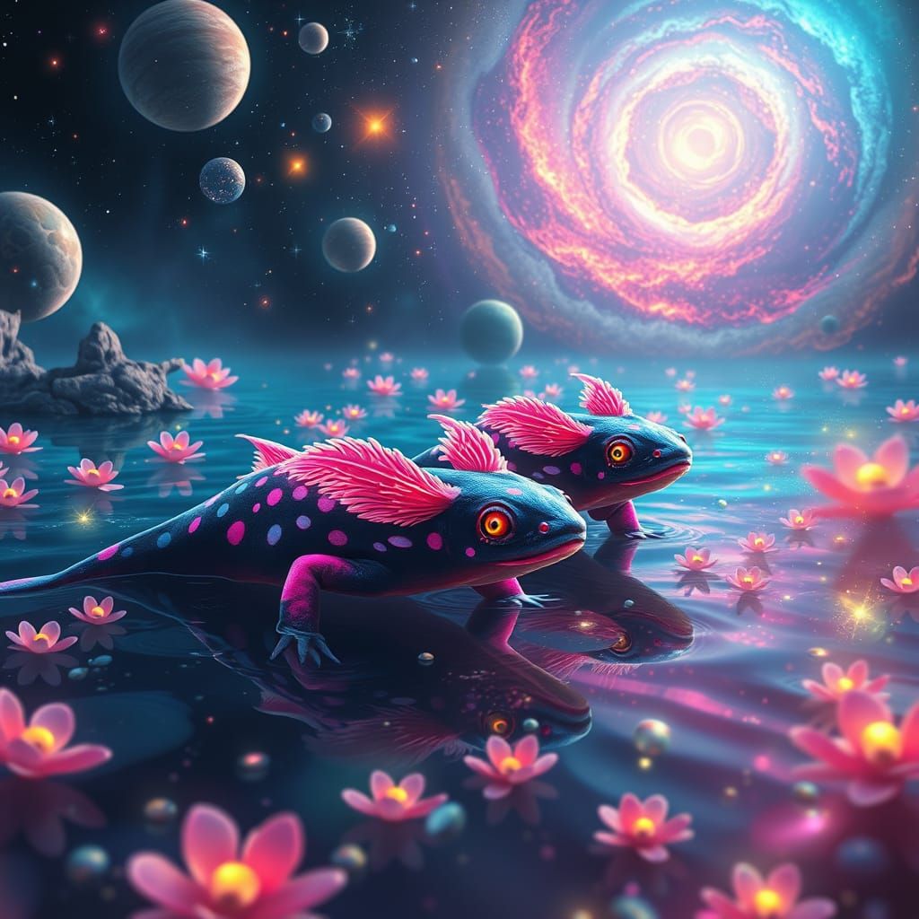 Axolotls in cosmic magic lake - Axolotls in Cosmic Waters: A...