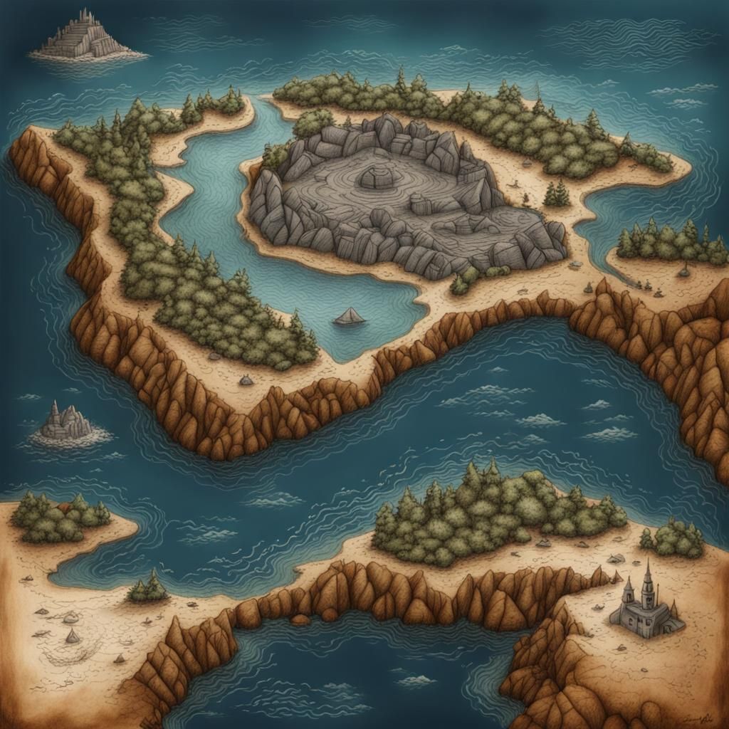 a flat hand drawn topographic treasure map of an unknown island with ...