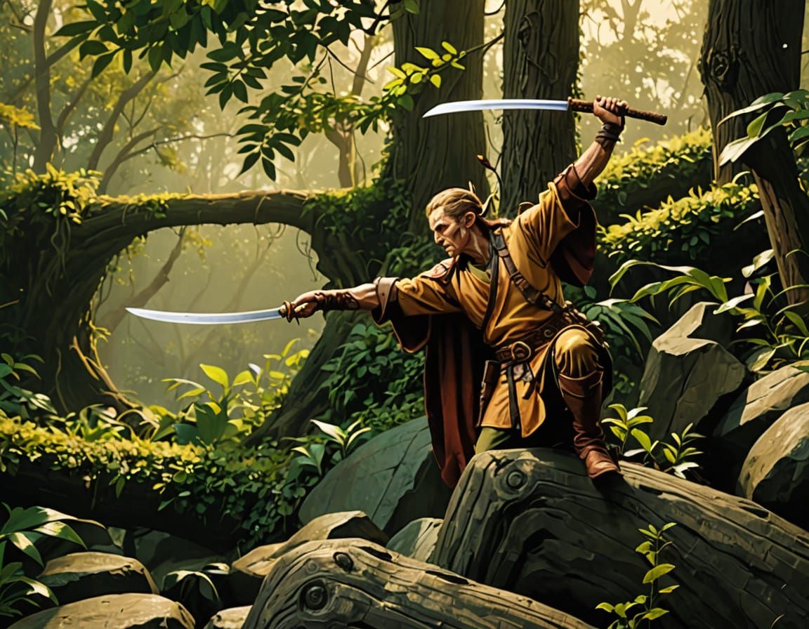 Ethereal Wood Elf Warrior in Cinematic Stance with... - AI Art