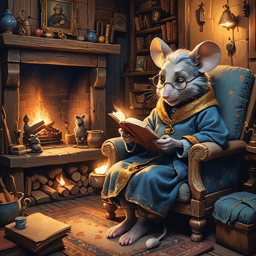 old lady mouse sitting in front of the fireplace reading a book cozy ...