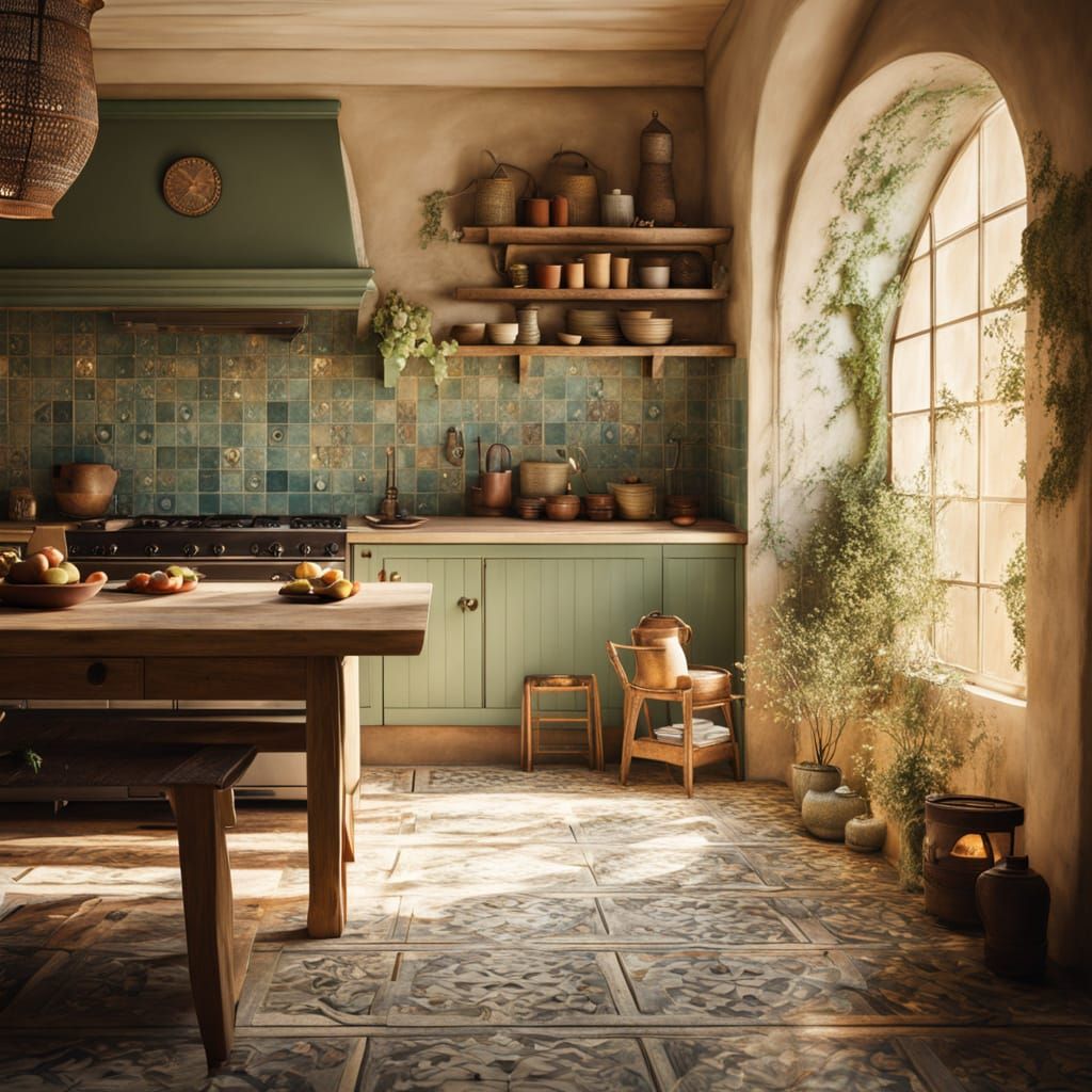 Traditional Algerian Kitchen with Warm Golden Hour... - AI Art