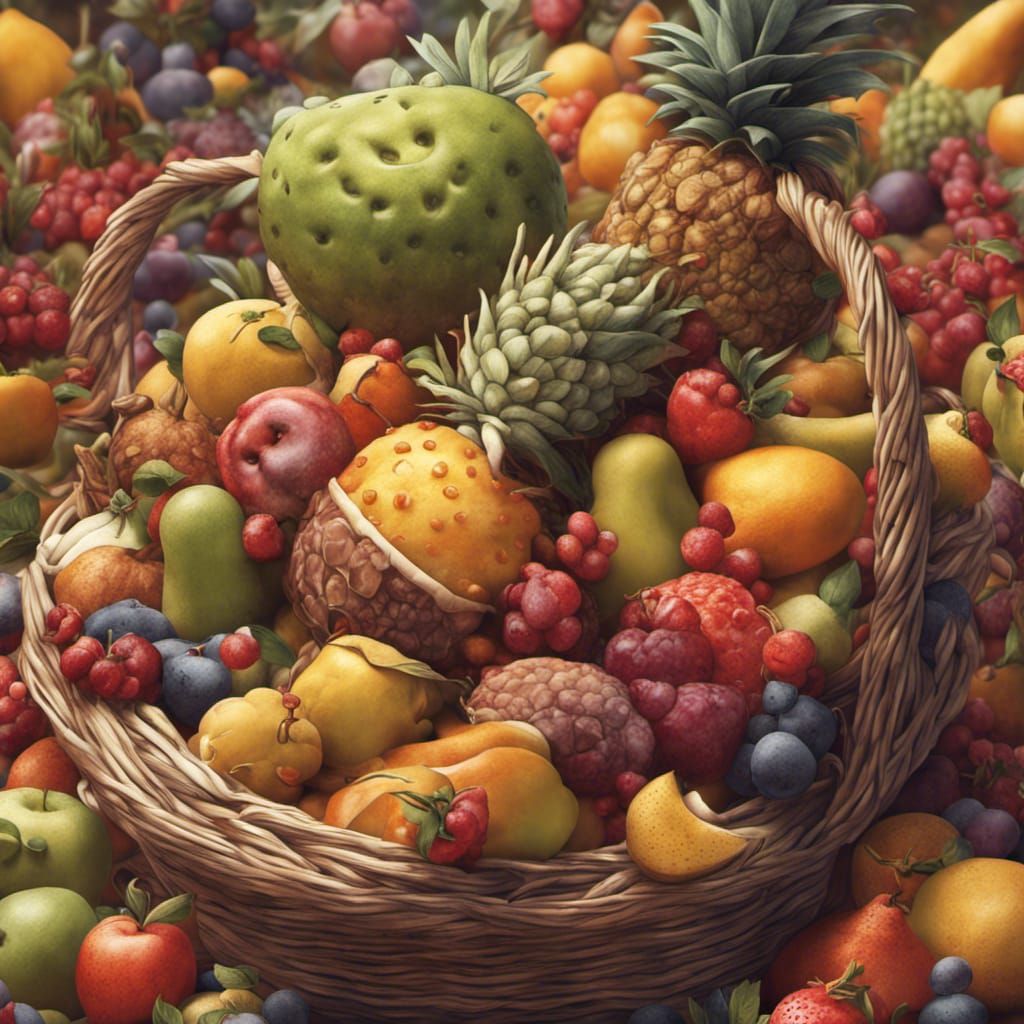 A still photograph of a big basket of cute chibi anthropomorphic fruits ...