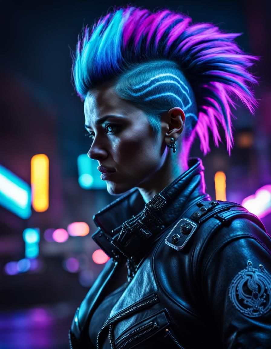 black light biker girl, mohawk, cyberpunk, shadowrun, rave - AI ...