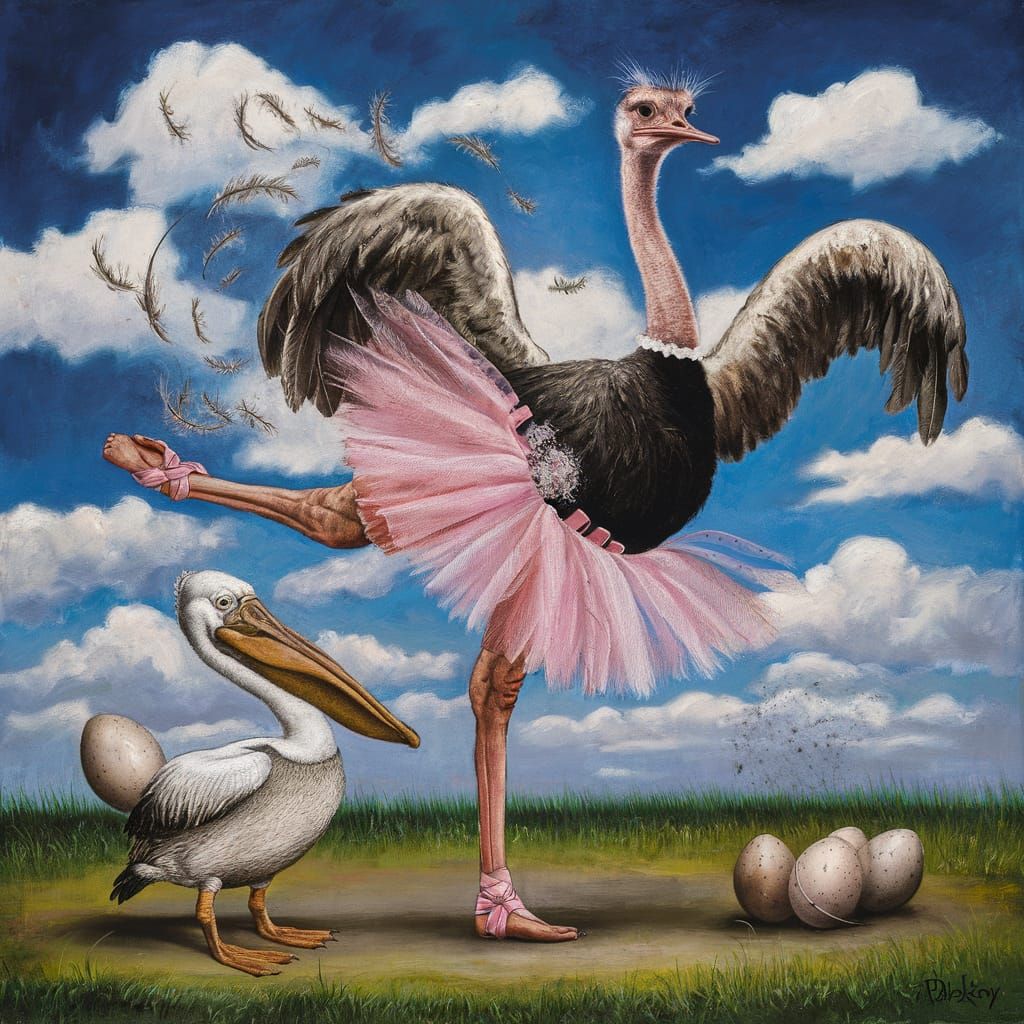 Elegant Ostrich Dancer in Whimsical Ballet Scene - AI Art