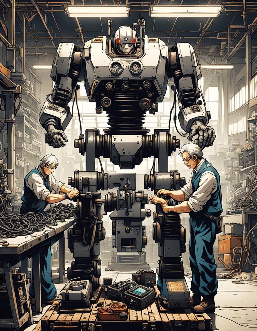 Mature men Mechanics repairing Robotics , inspired by 1980's Seinen ...