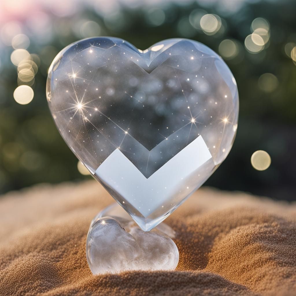 clear crystal heart on the beach (a beautiful vibrant starlit night sky ...