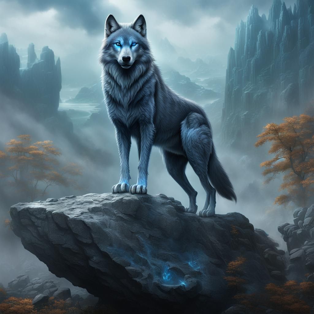 a blue-grey she-wolf standing on a rock with misty blue eyes - AI ...