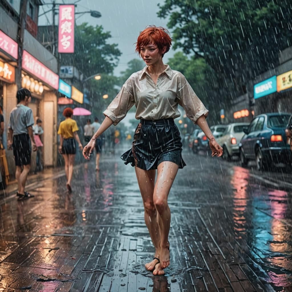 Redhead girl with a pixie cut dancing barefoot in the rain, retrowave shin hanga - AI Generated ...